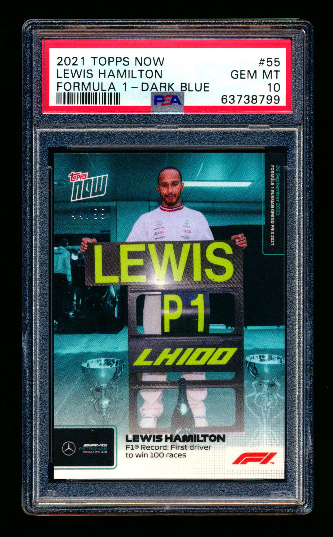 2021 Topps Now F1 #55 Lewis Hamilton Dark Blue #44/99 PSA 10 (Car Numb ...